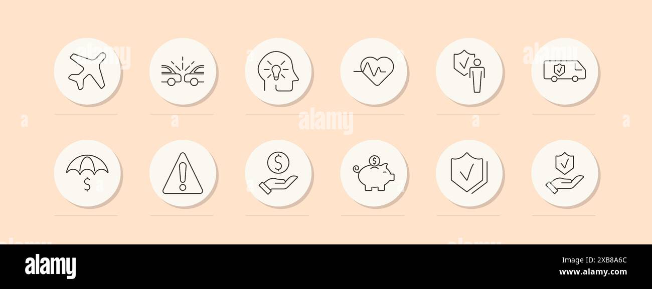 Insurance services set icon. Airplane, car crash, brain, heartbeat ...