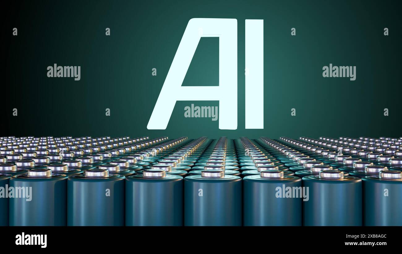 3D rendering of lithium batteries with word "AI" stand for Artificial ...