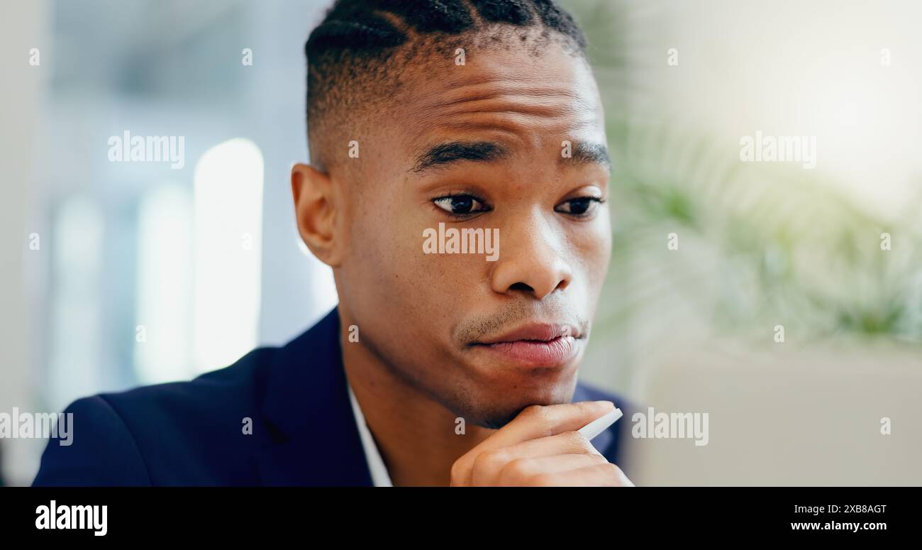 Business, thinking and black man with ideas, confused and solution with ...