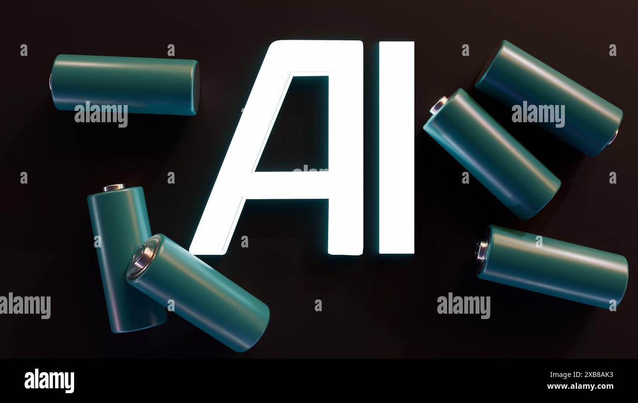 3D rendering of lithium batteries with word "AI" stand for Artificial ...