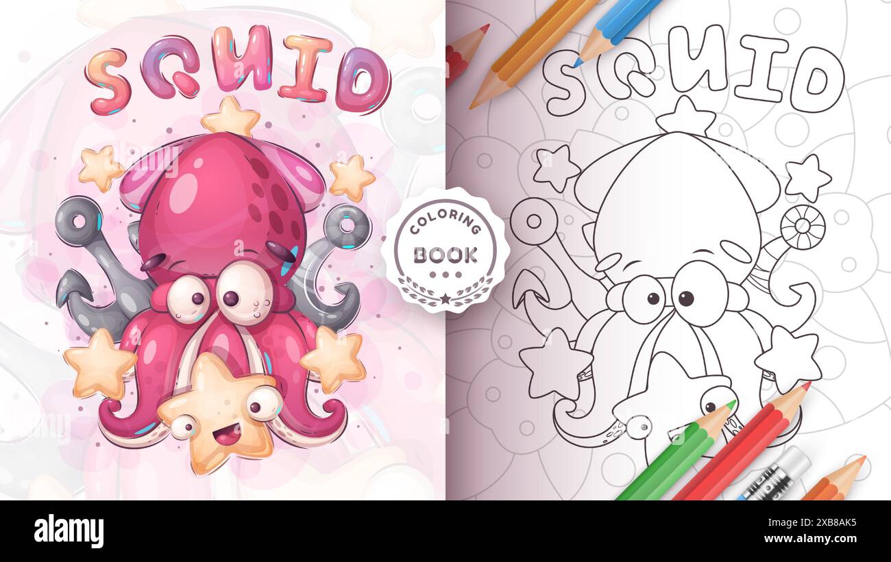 Coloring book cartoon character adorable squid, pretty animal idea for ...