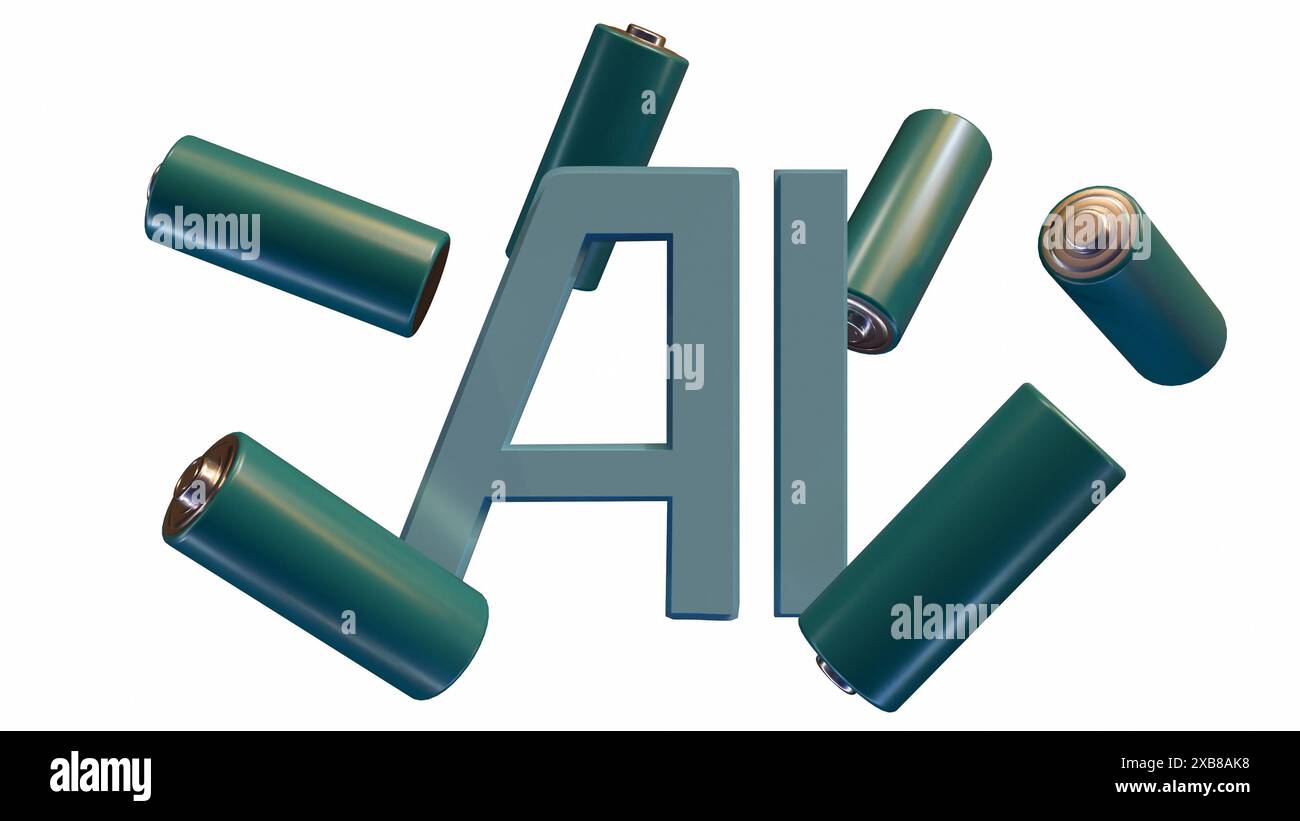 3D rendering of lithium batteries with word "AI" stand for Artificial ...