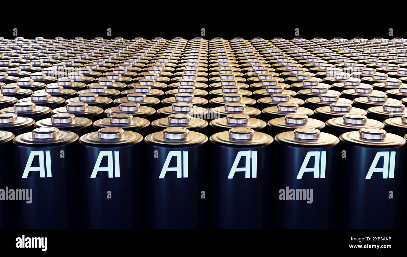 3D rendering of lithium batteries with word "AI" stand for Artificial ...