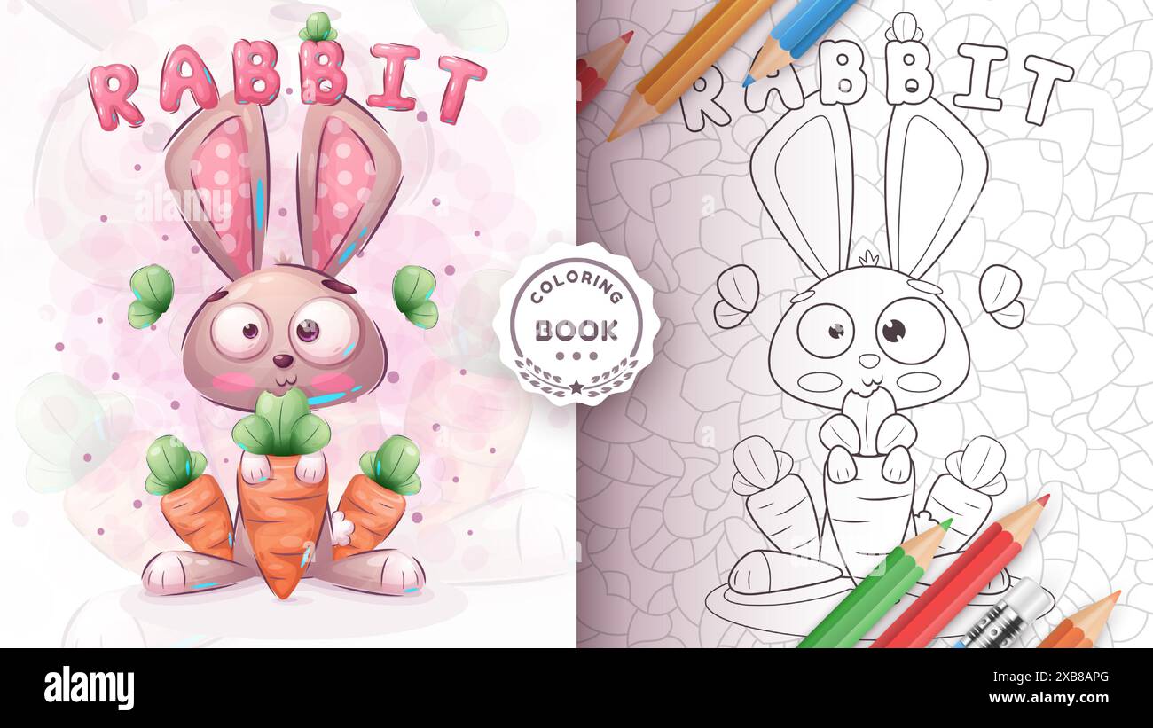 Cartoon character animal adorable rabbit - coloring book Stock Vector ...