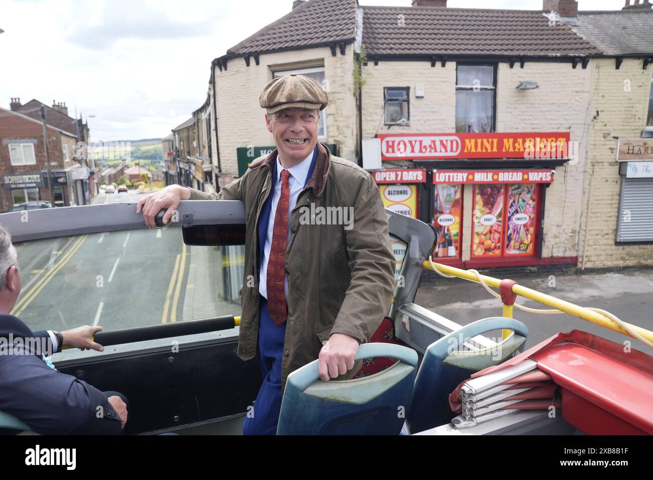 Reform UK leader Nigel Farage in Barnsley, South Yorkshire, whilst on ...