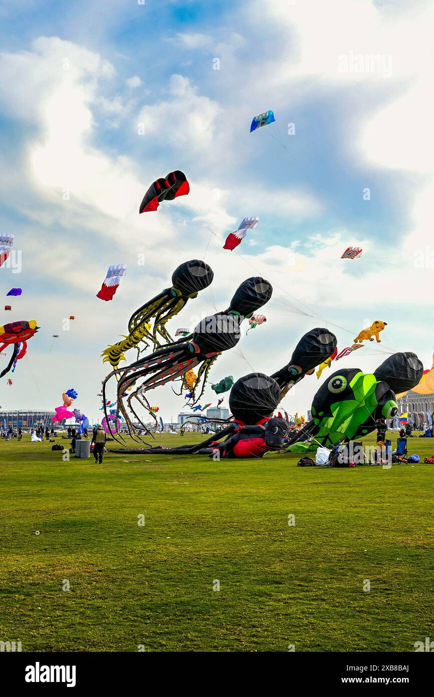 A collection of colorful kites soaring in the sky Stock Photo - Alamy