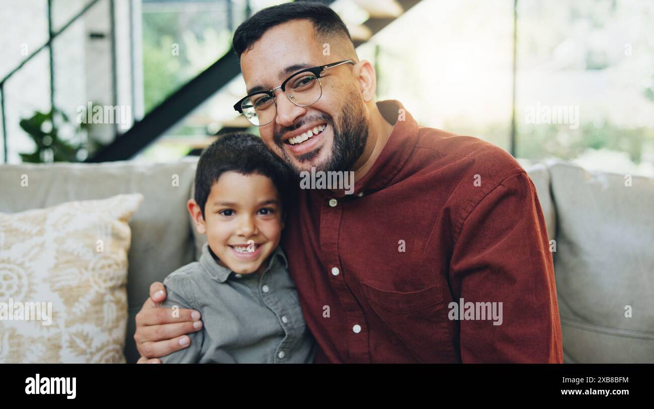 Smile, hug and portrait of child with dad on sofa relaxing together for ...