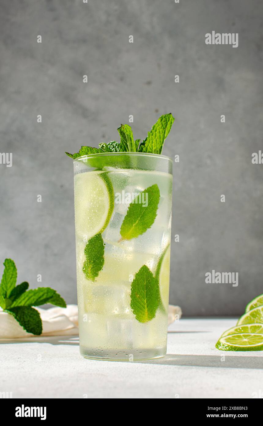 Classic mojito with lime and mint in tall glass with ice Stock Photo ...