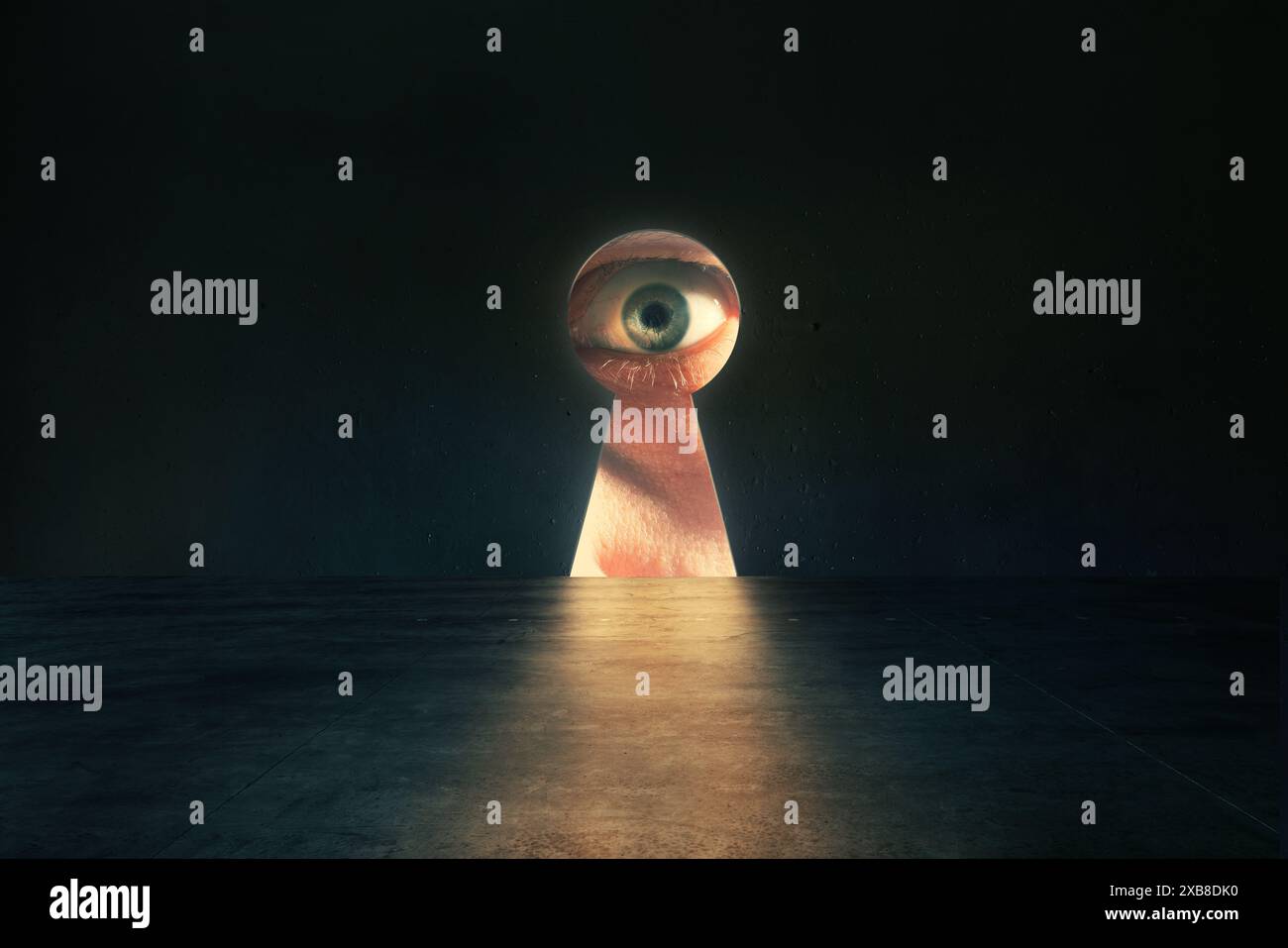Human eye looking through keyhole in concrete wall in dark room with copy space Stock Photo - Alamy