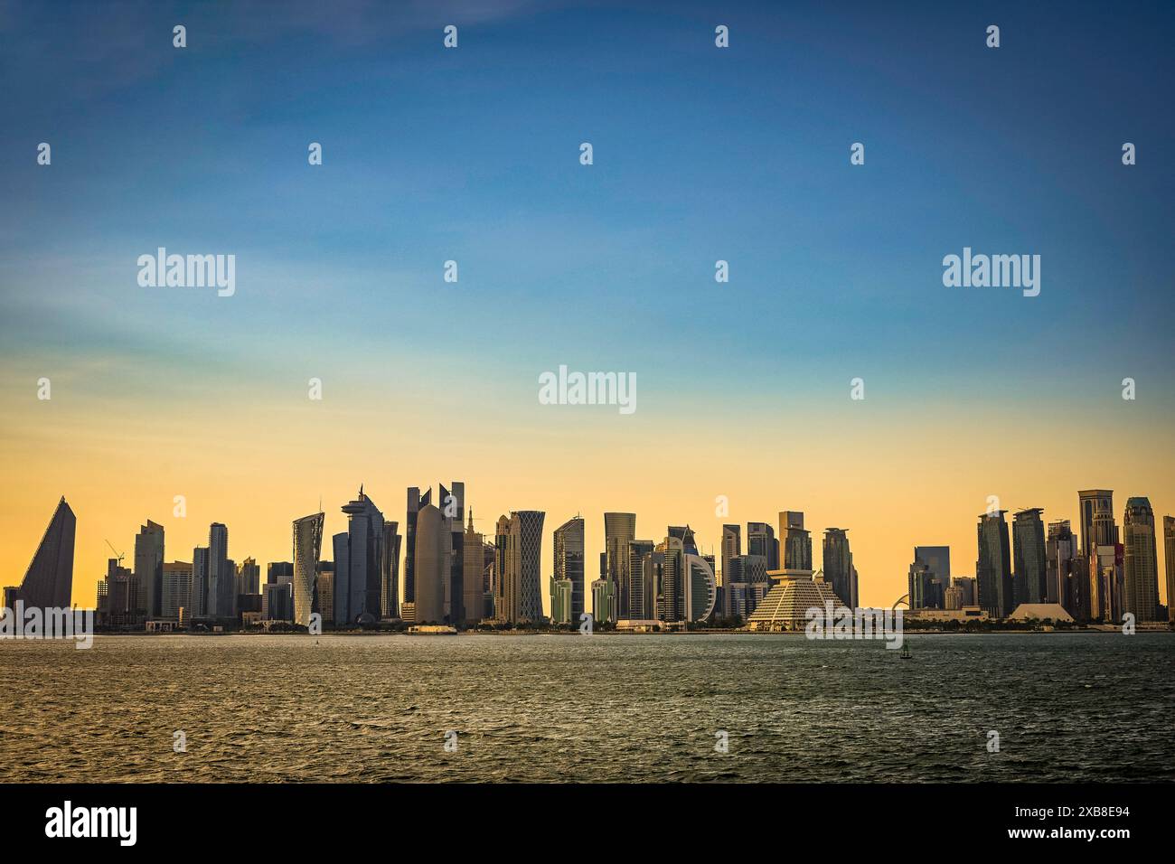 Tcenic Doha skyline at sunset in the Middle East Gulf, Qatar Stock ...