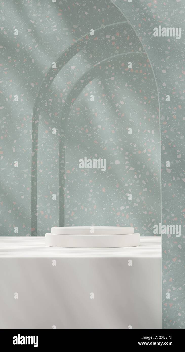 3d rendering mockup green terrazzo texture arch wall and white podium ...