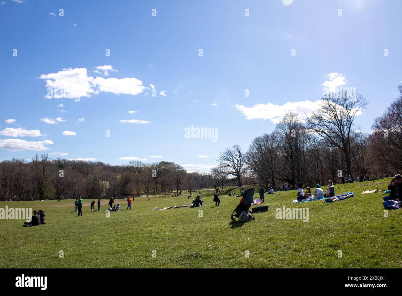 A crowd enjoying a vibrant park under a cloudy blue sky in New York ...