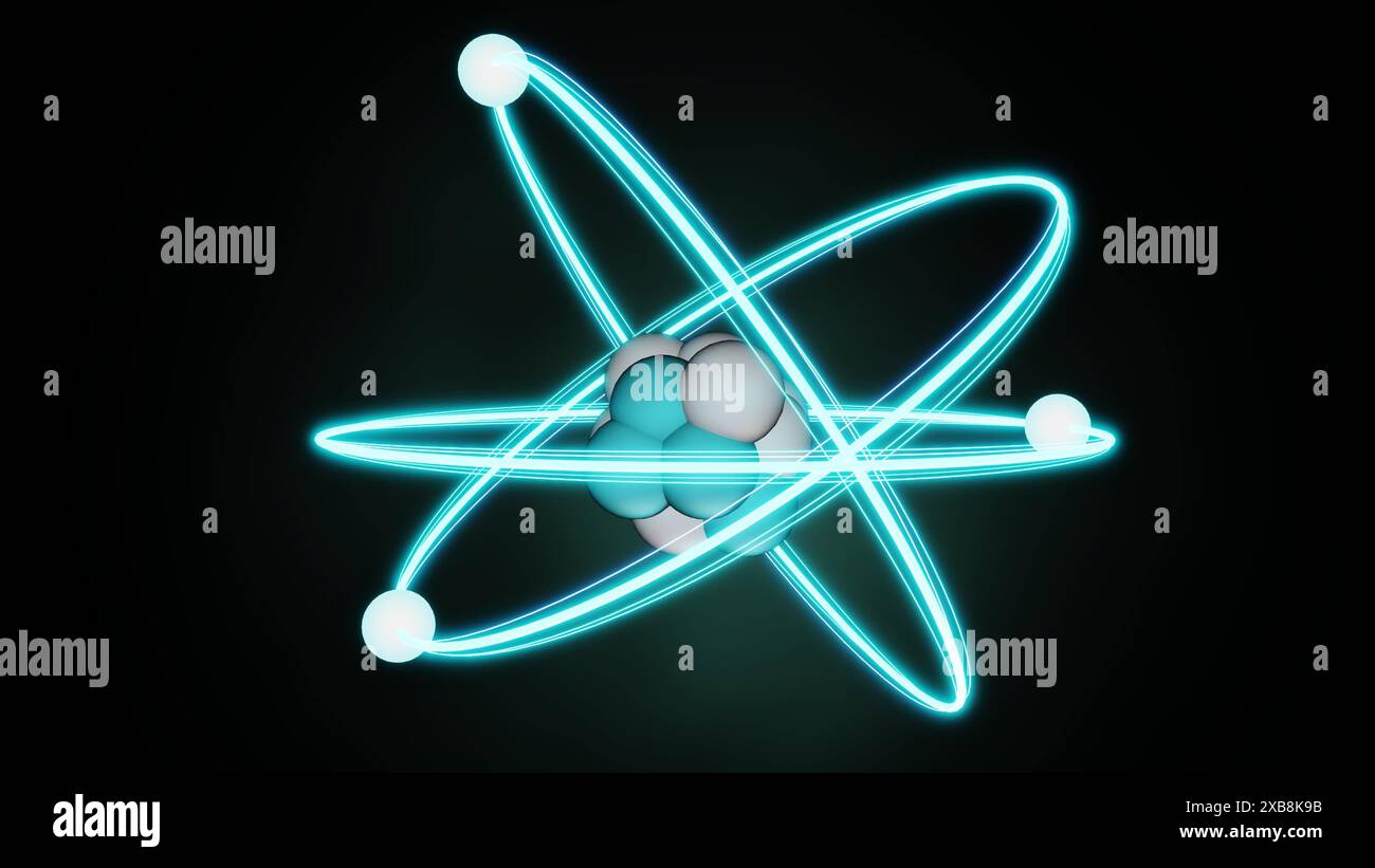 3d rendering of isolated glowing blue atom molecule in the black ...