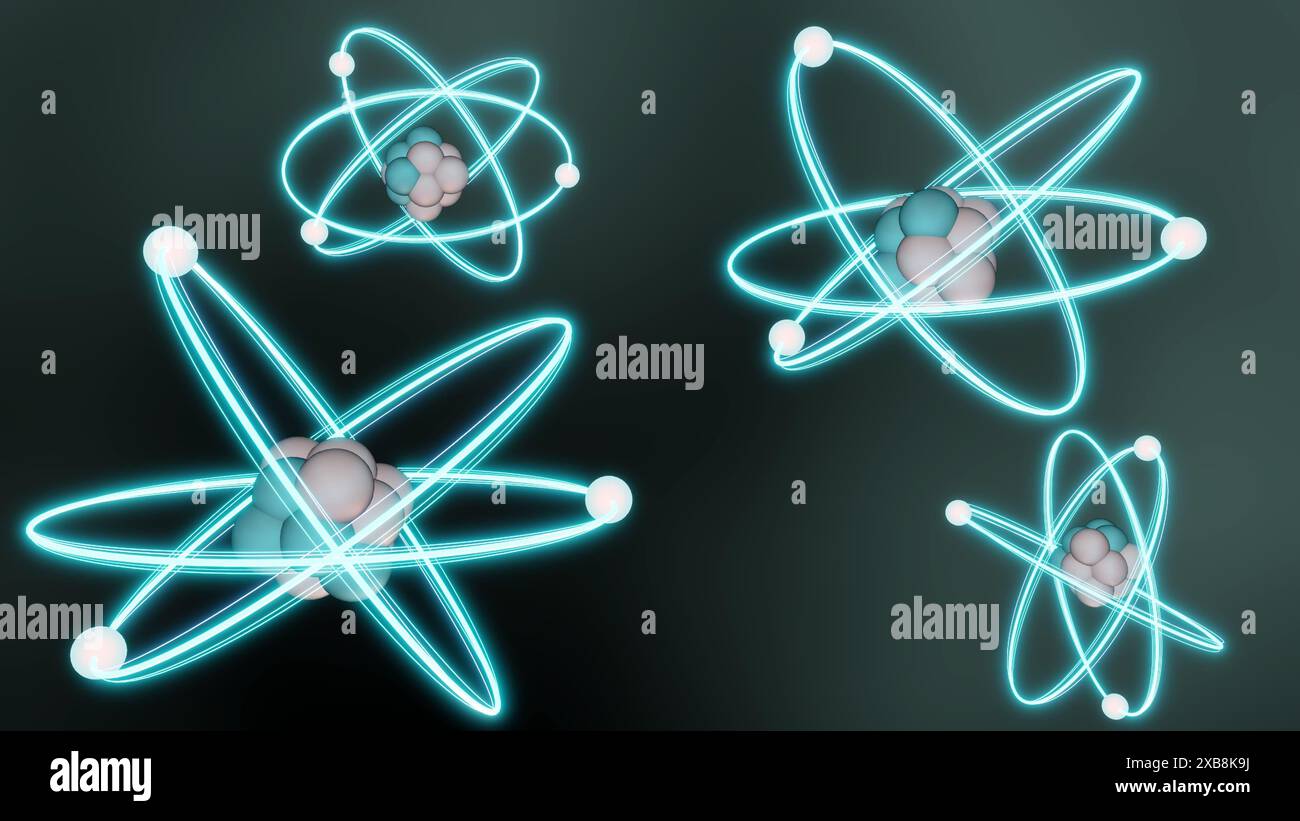 3d rendering of isolated glowing blue atom molecule in the black ...