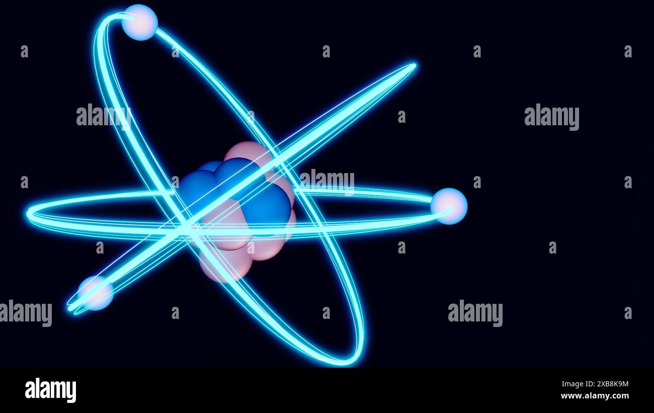 3d rendering of isolated glowing blue atom molecule in the black background Stock Photo - Alamy