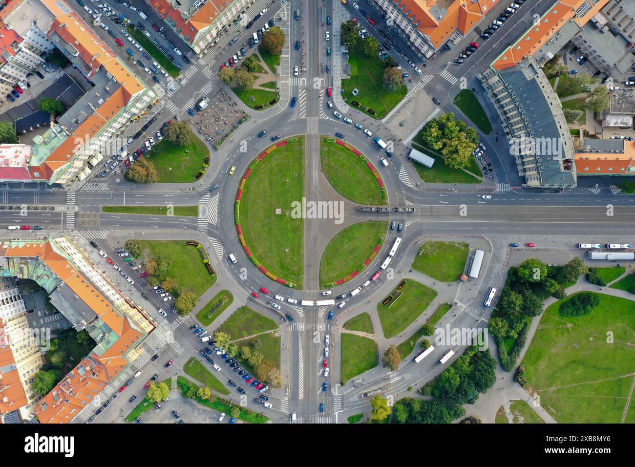 An overhead view of a bustling urban intersection with numerous streets ...