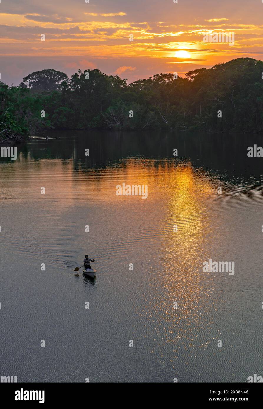 Native Quechua man paddling his canoe at sunrise, Amazon jungle, Yasuni ...