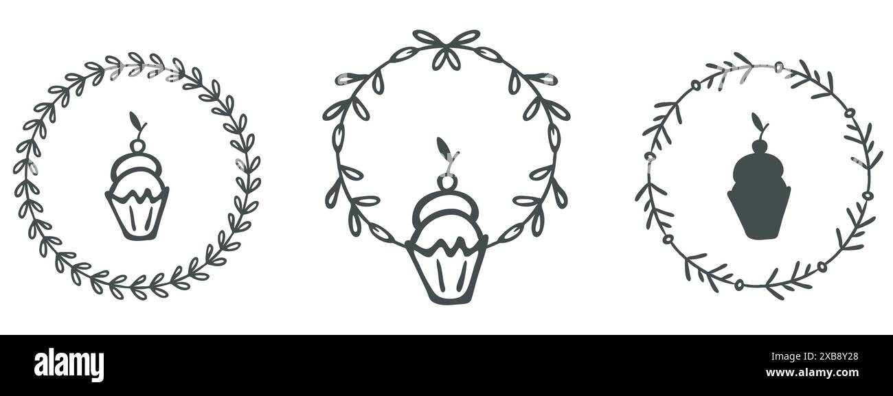 Floral cupcake frame set. Hand drawn decorative doodle line, ink brush ...