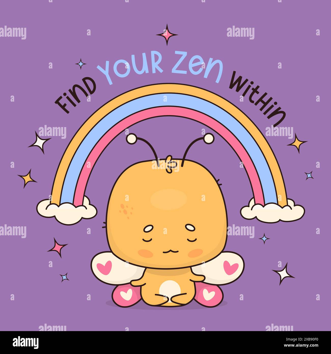Cute calm cartoon butterfly meditating under rainbow. Funny kawaii ...
