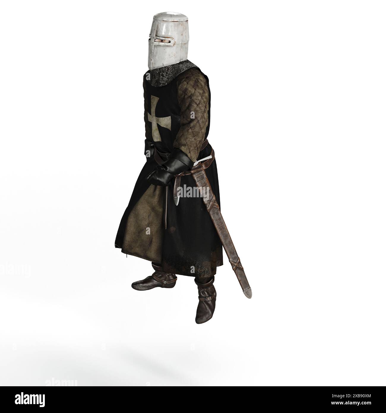 A knight in armor with a sword poses in a studio on a white background ...