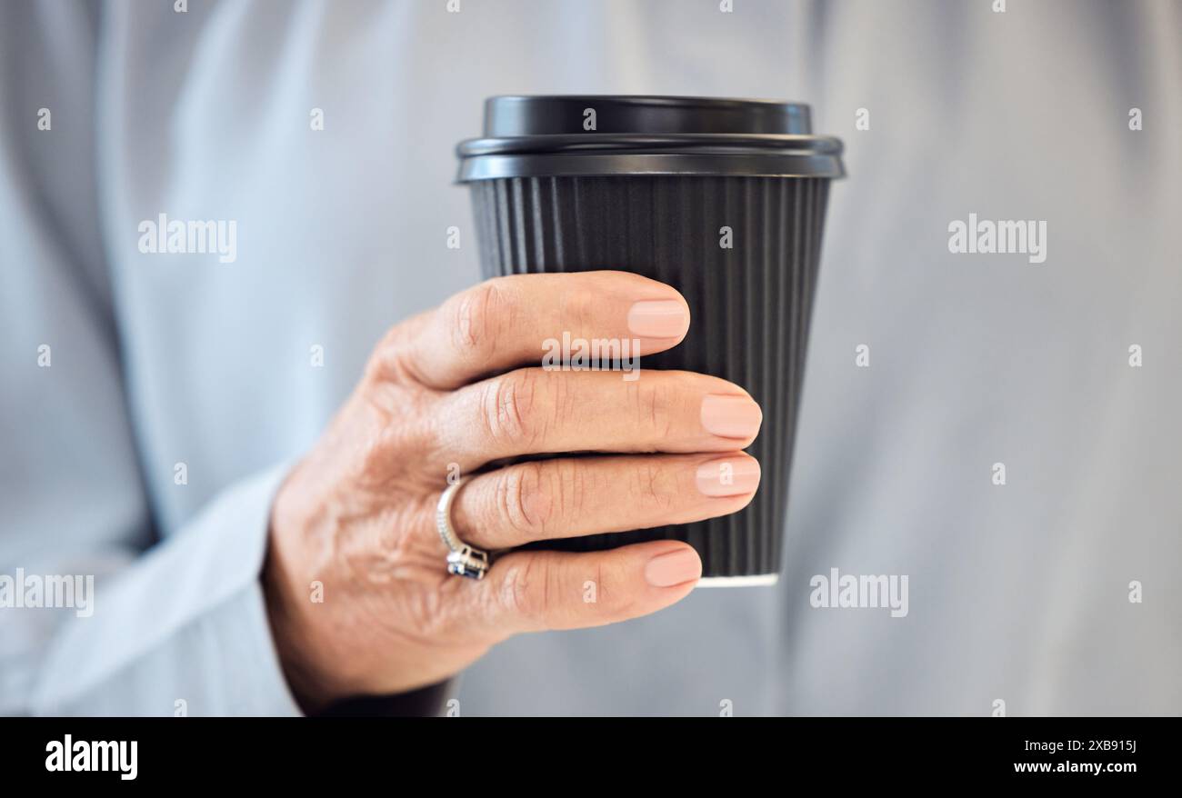 Senior, hand and coffee for takeaway to drink, cafe and container for ...