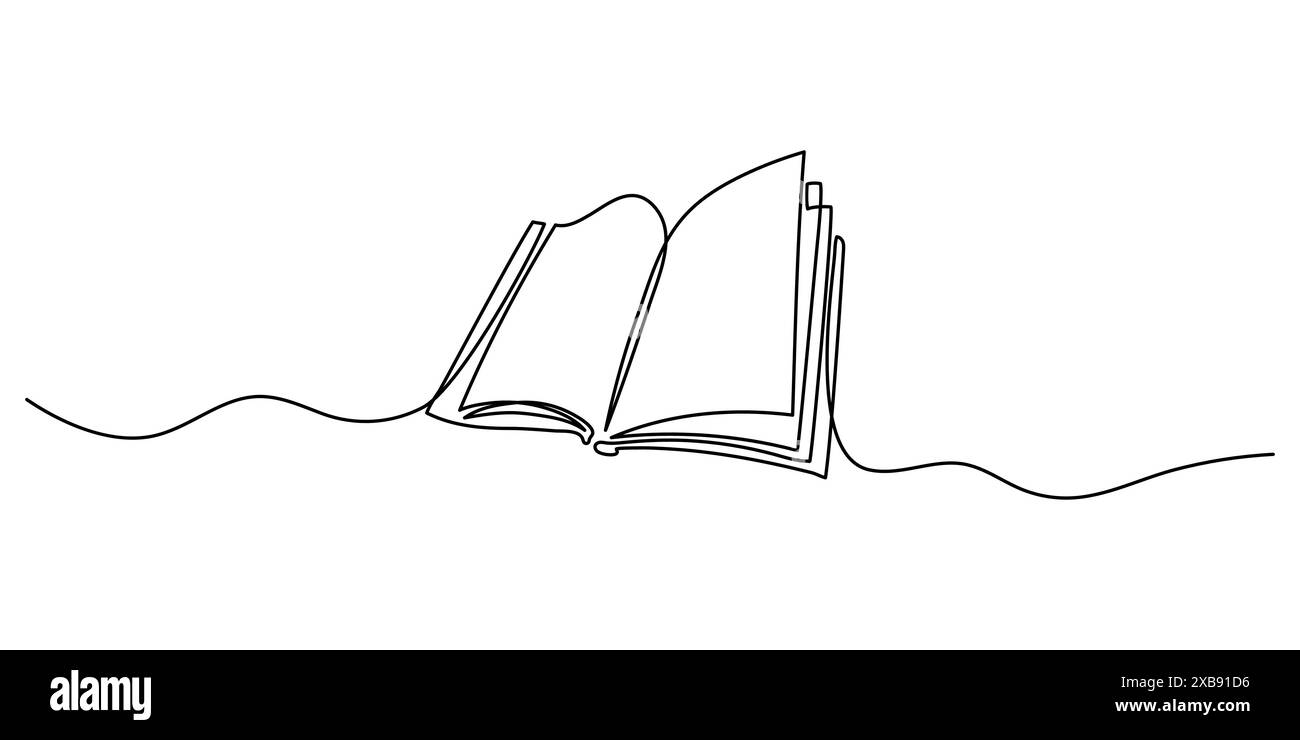 Continuous one line drawing of open book with flying pages on white ...