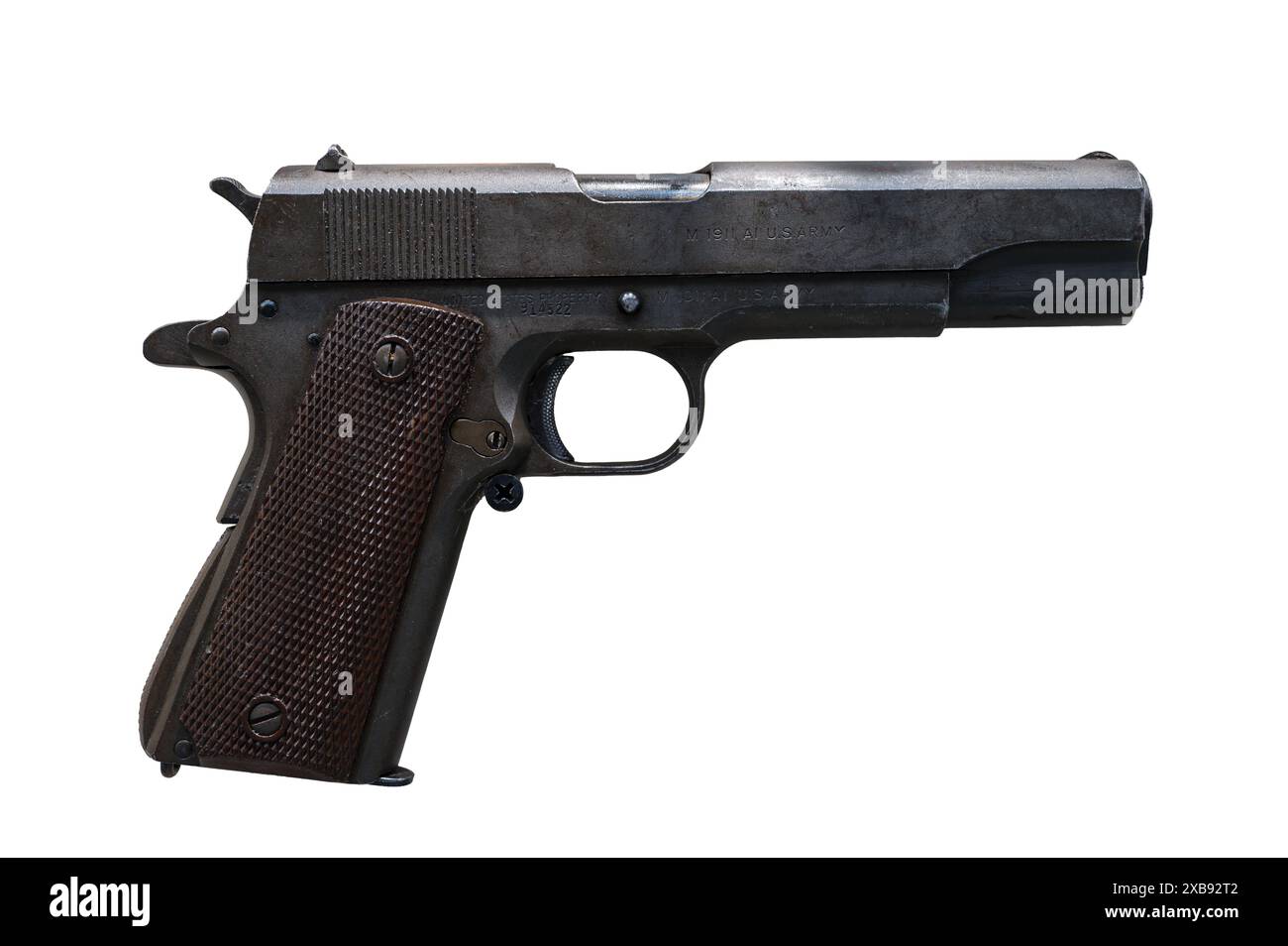 A Colt M1911 A1 45 ACP caliber pistol on white background. used in the second world war Stock ...