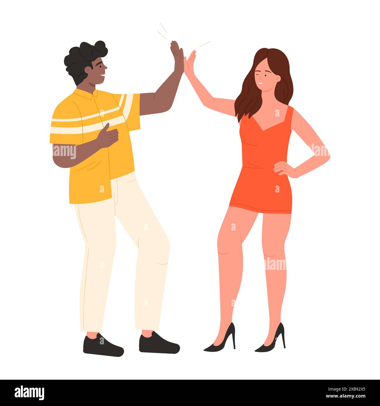 Happy young man and woman couple giving high five vector illustration ...