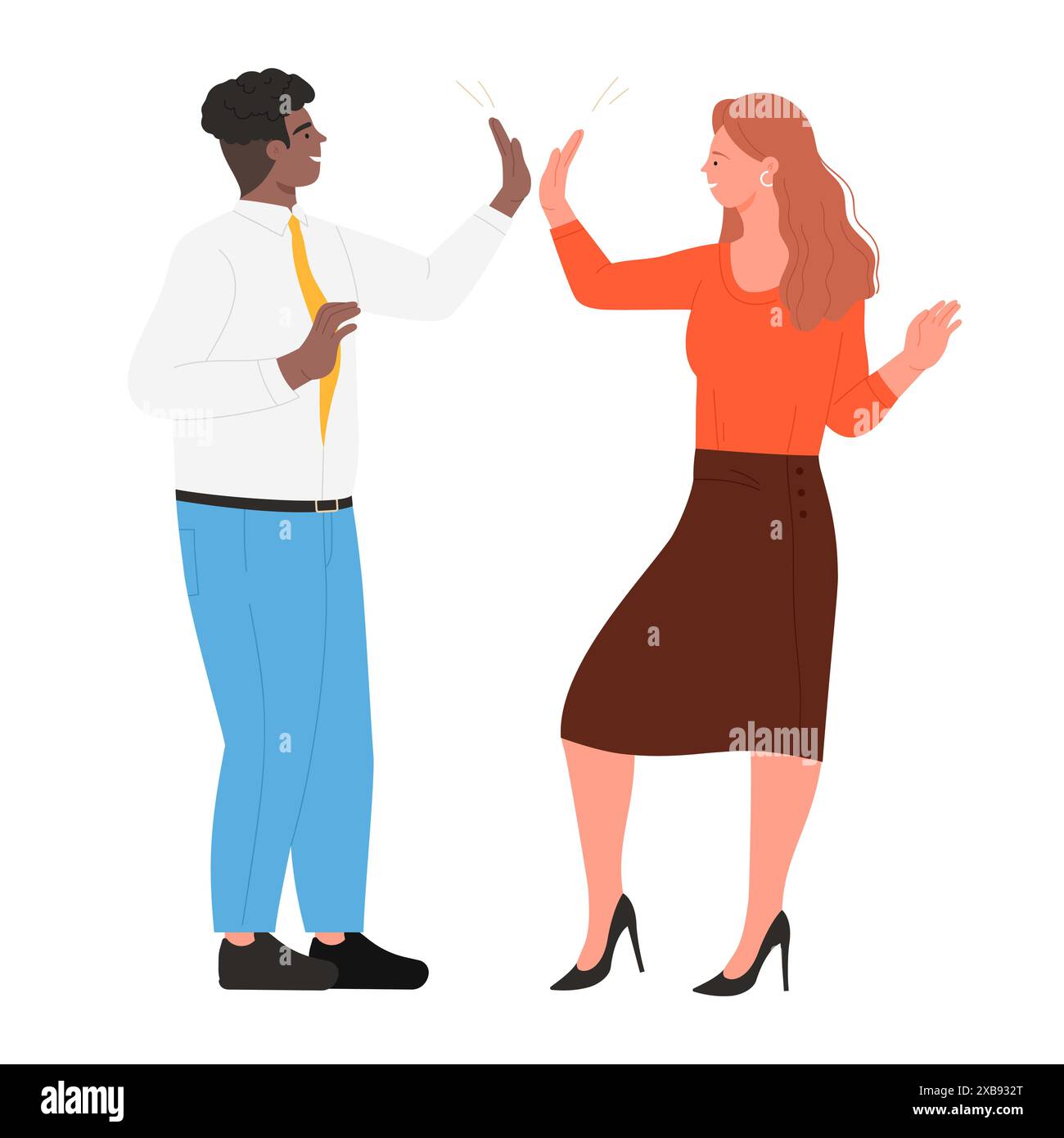 Happy man and woman employees giving high five vector illustration ...