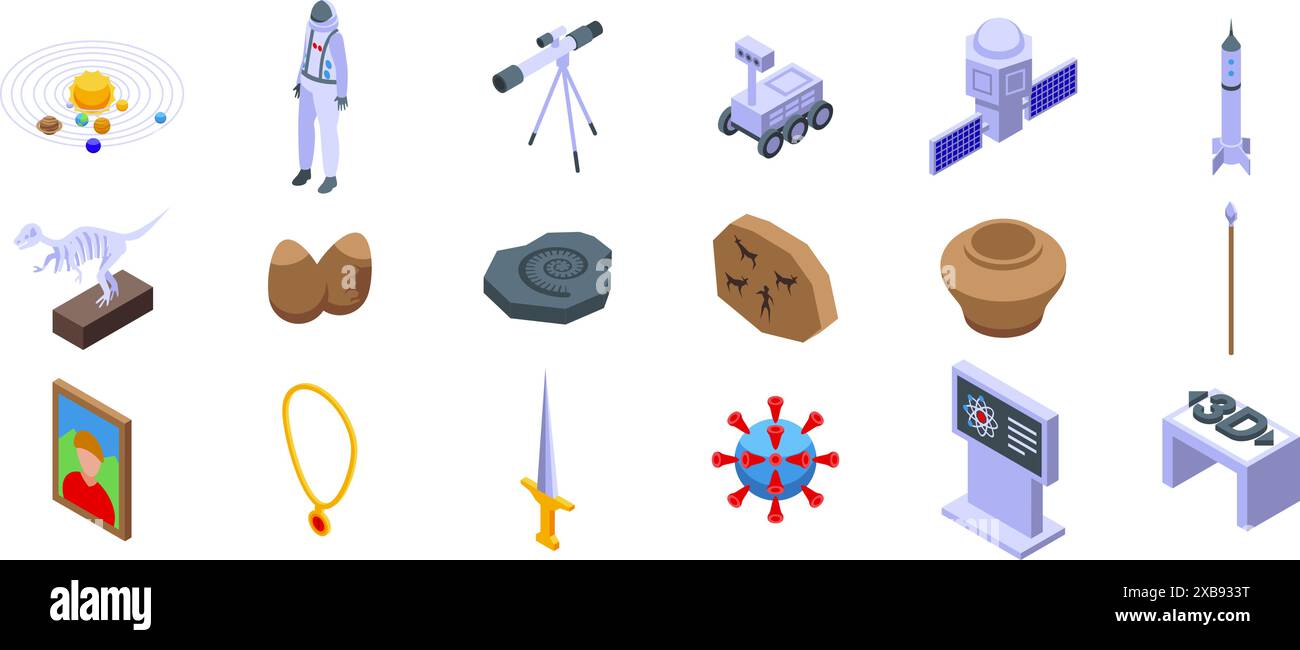 Science museum exhibits icons set. Museum exhibit icons showing ...