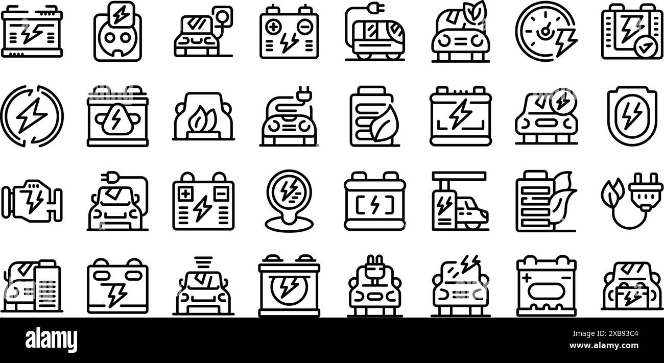 electricity car accumulator icons set. Line icons set of accumulator ...