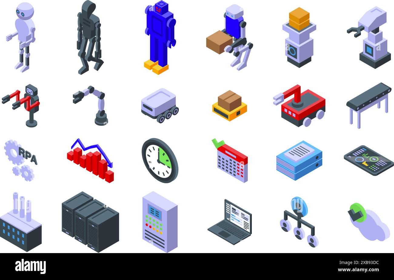 RPA icons set. Automation industry concept with robots producing goods ...