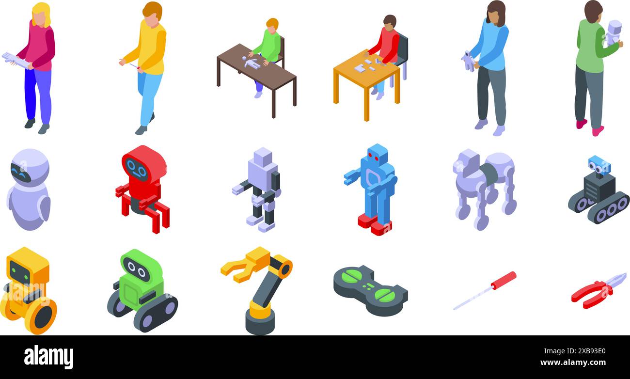 Kid robot class icons set. Engineers and technicians are working on an ...