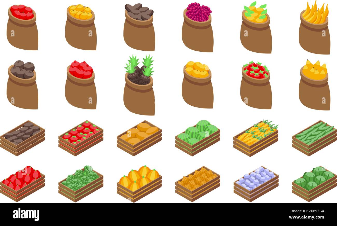 Sack fruit icons set. Fresh fruits and vegetables are overflowing from ...