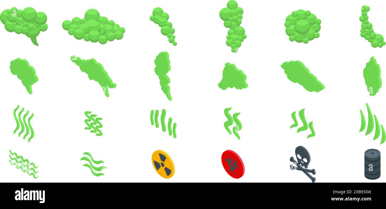 Toxic smoke cloud icons set. Green poisonous gas is spreading ...