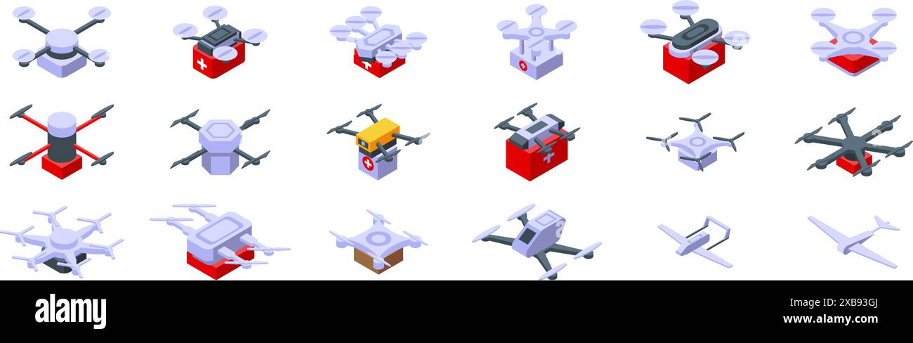 Drone medical icons set. Delivery drones carrying packages and ...