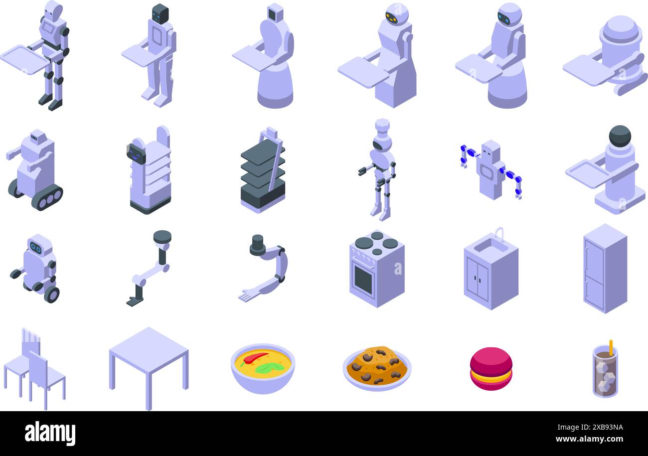 Robot restaurant icons set. Restaurant of the future with robot waiters ...