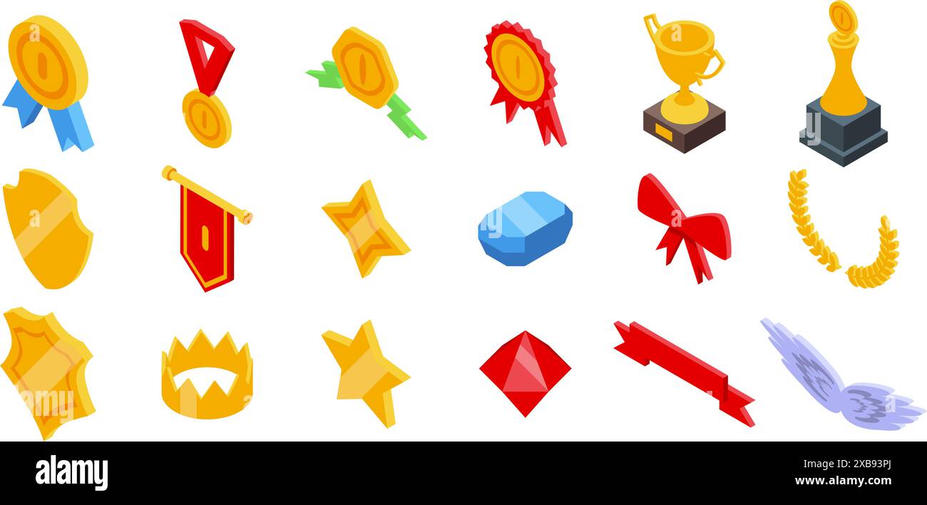 Royal trophy medal icons set. Award icons set with golden trophy, crown ...