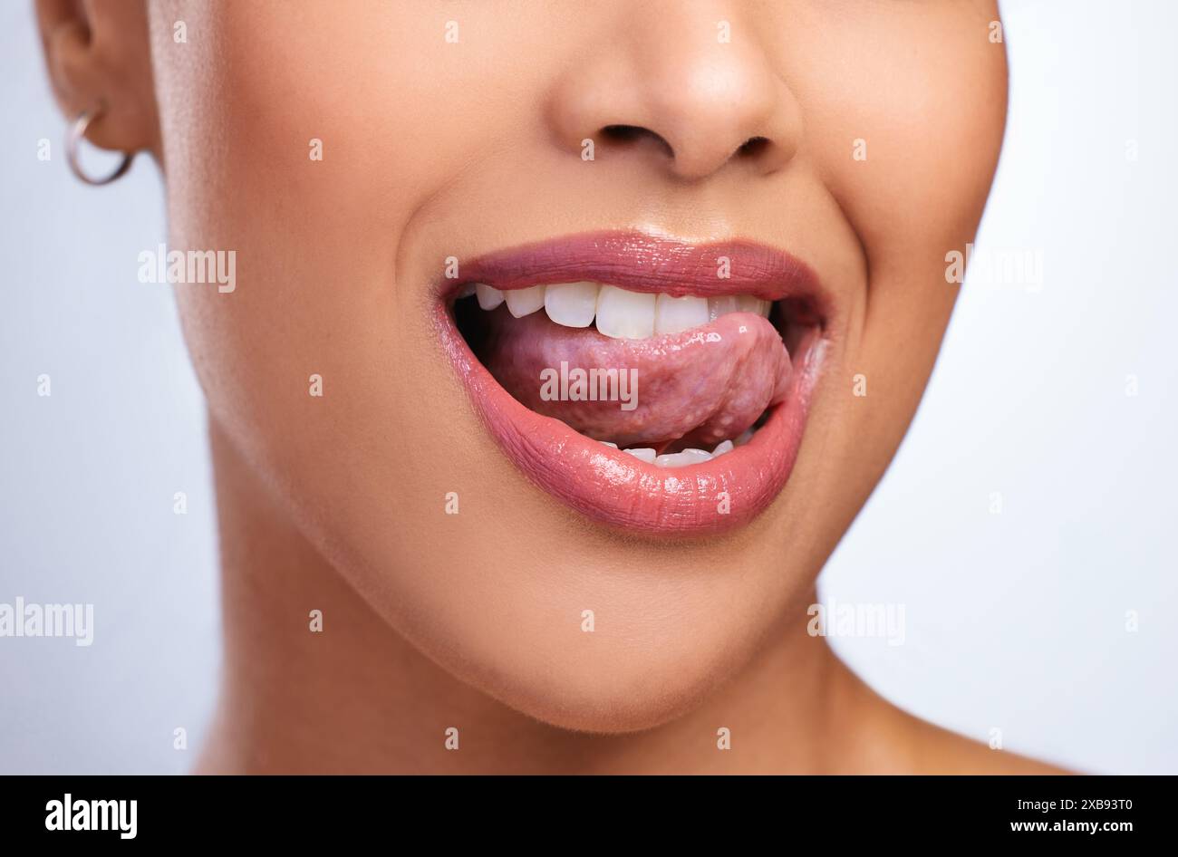 Woman, teeth and tongue with lipstick and mouth for dental care ...
