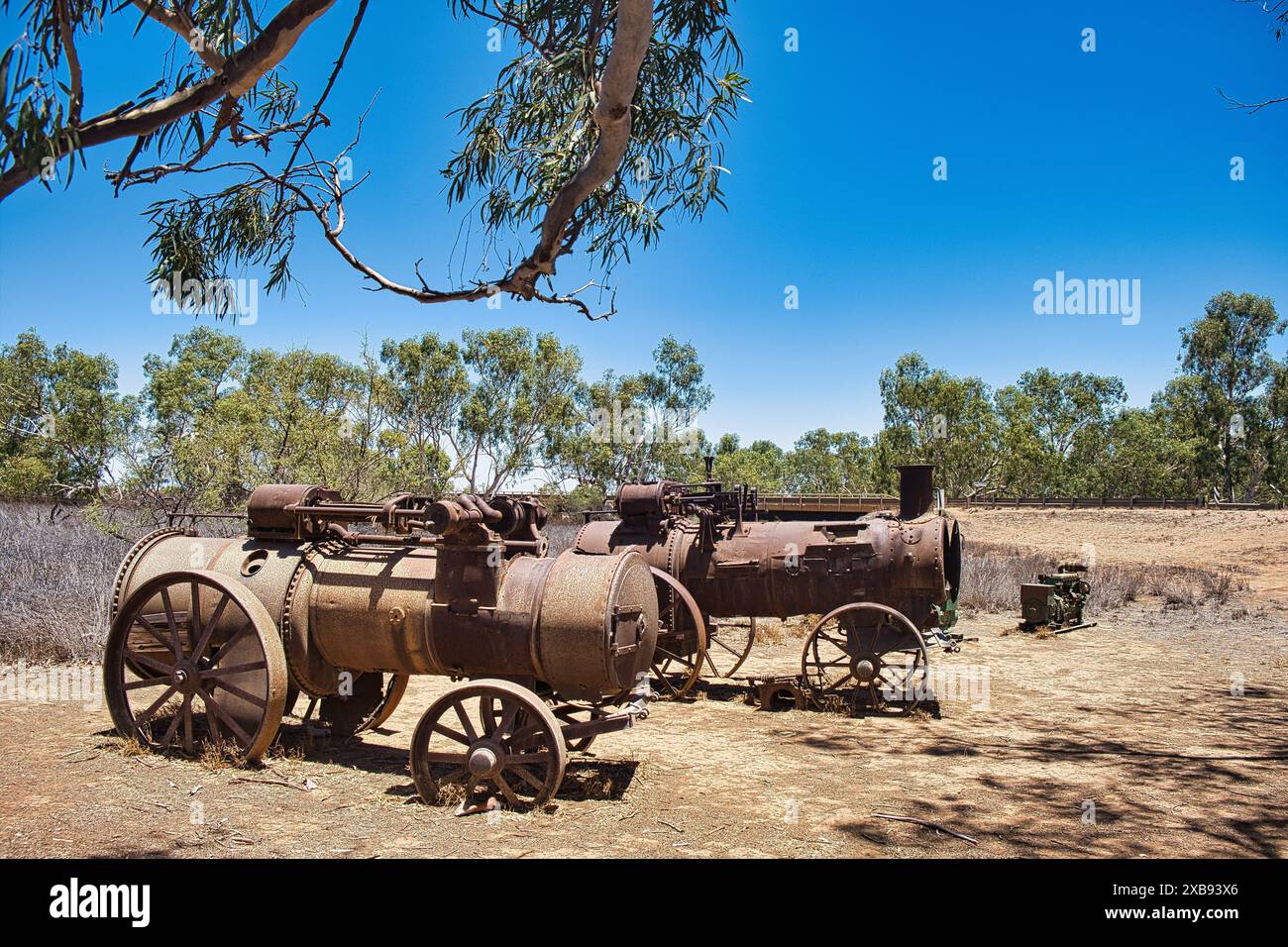 Abandoned, rusty old steam engines in the Australian outback. Minilya ...