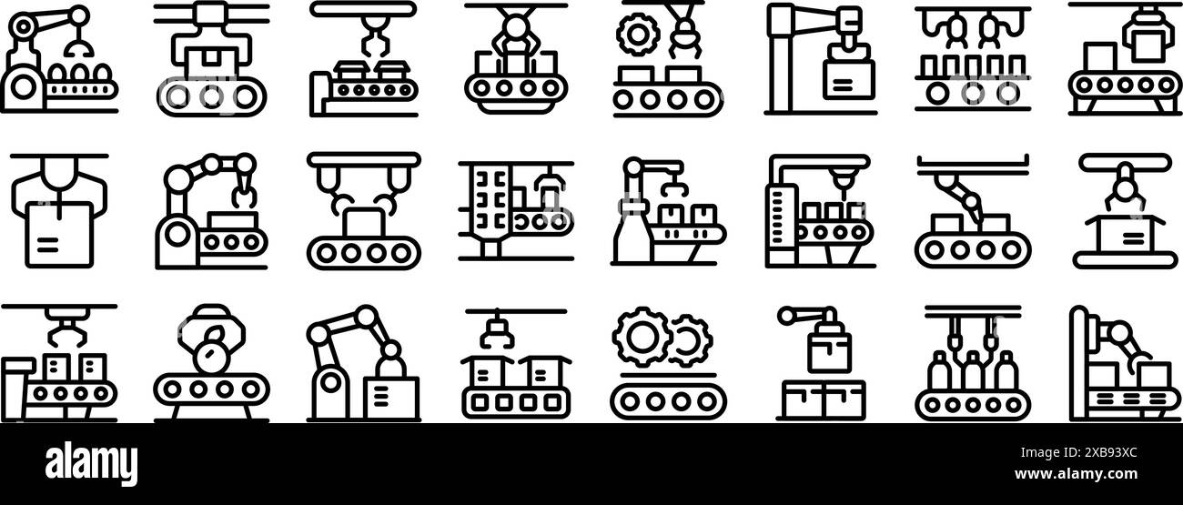 robot conveyor belt icons set. Conveyor belt manufacturing automation process with robotic arms ...