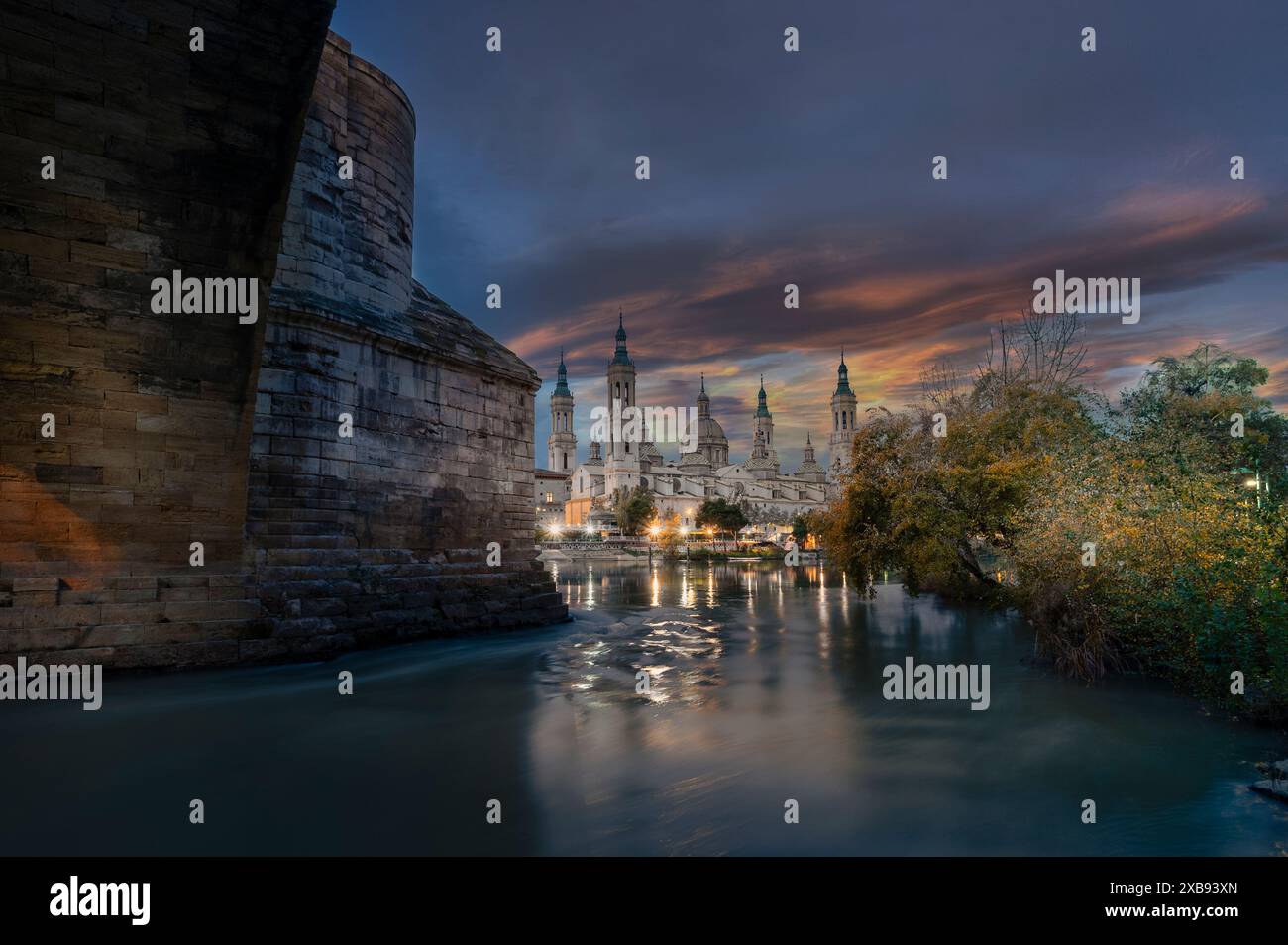 Panoramic view of Basilica of Our Lady of the Pillar and the Ebro River ...