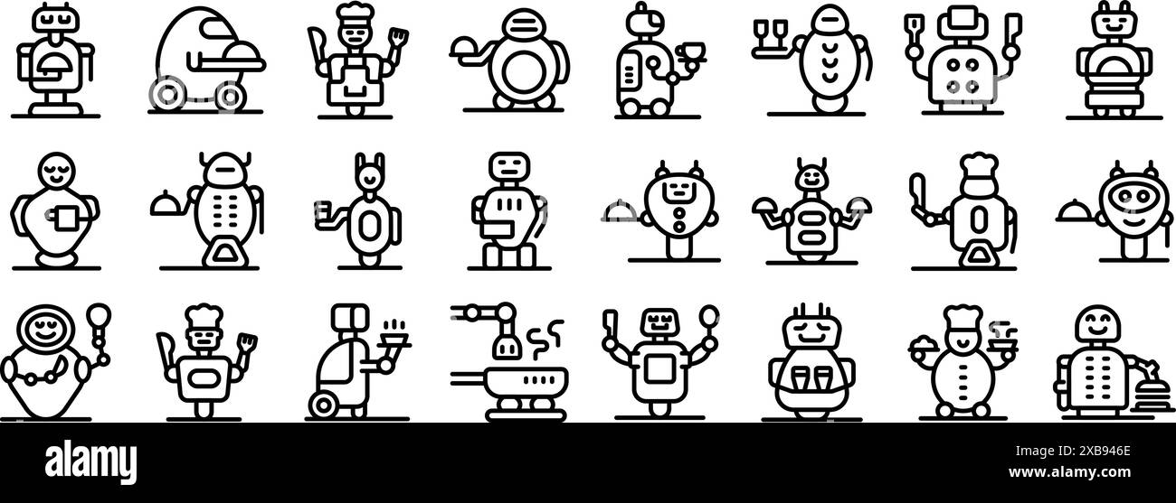 robot restaurant icons set. Different robots working in restaurant ...