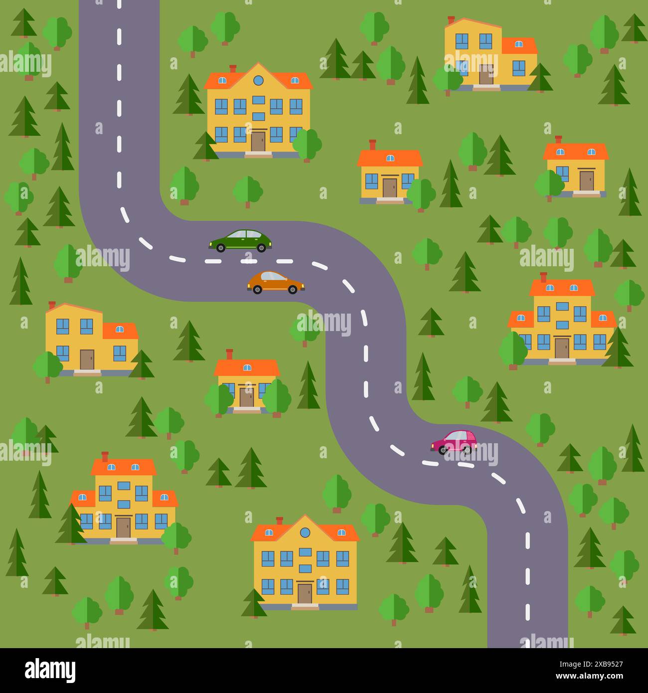Plan of village. Landscape with the road, forest, cars and houses ...
