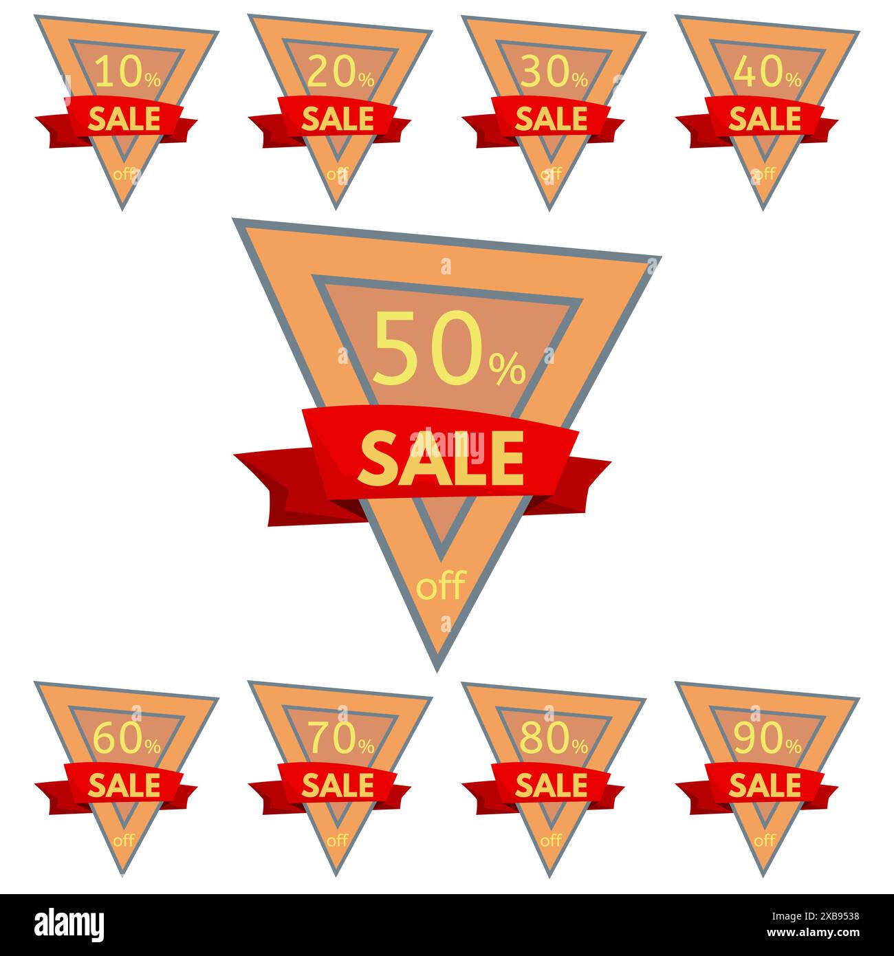 Set of discount stickers. Triangular orange badges with red ribbon for ...