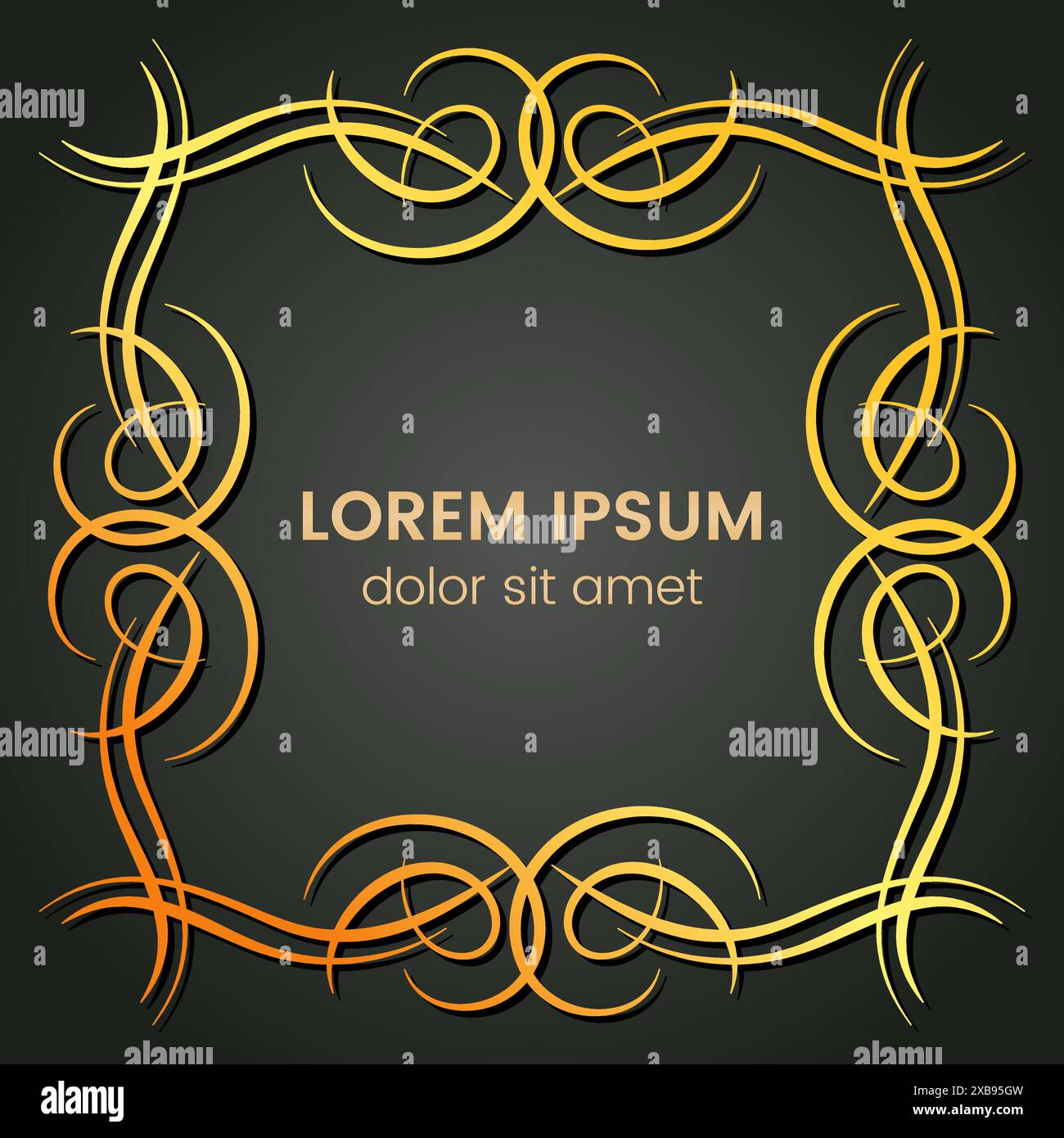 A square golden monogram element on a dark background. Vector ...