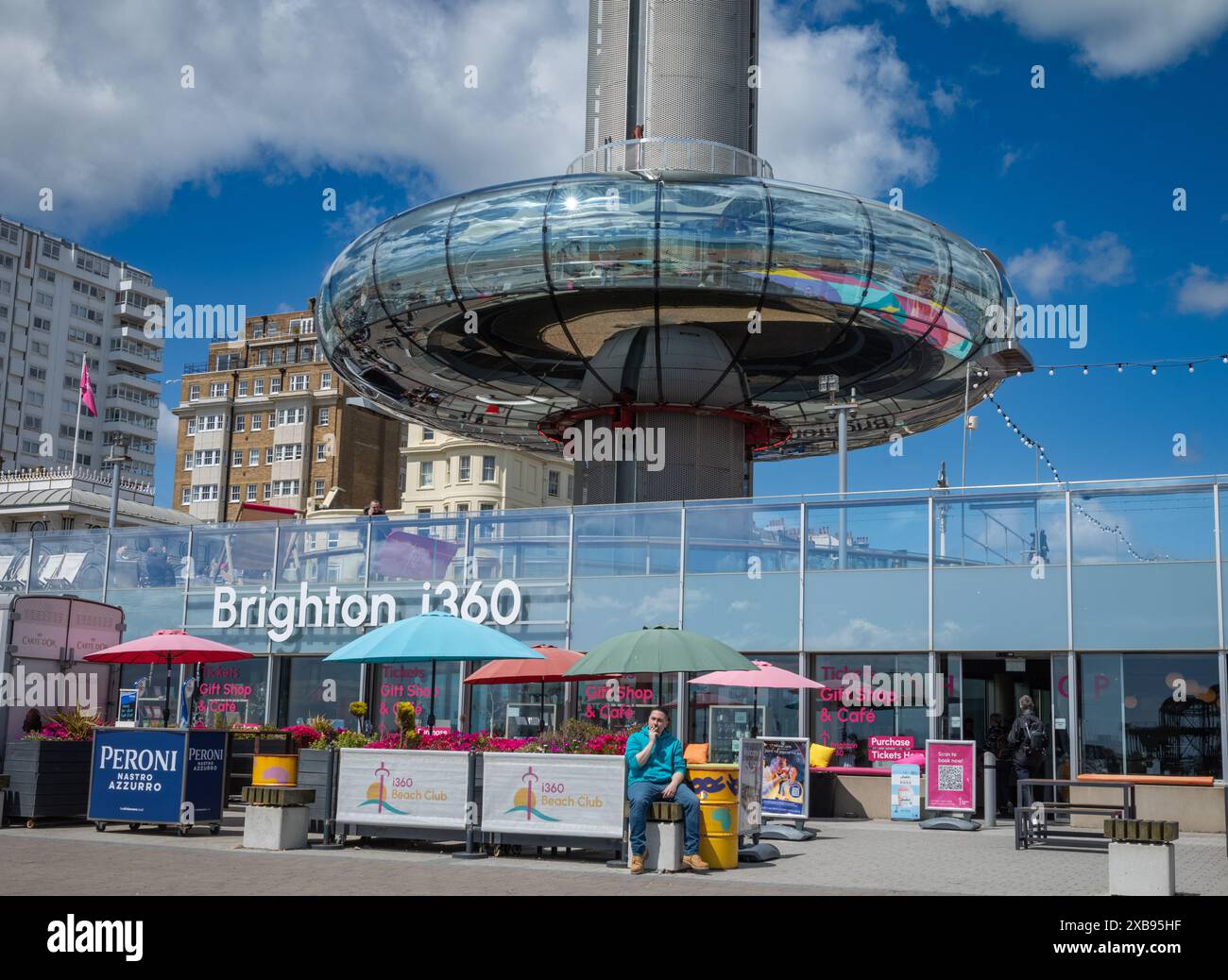 The base of the Brighton i360 vertical viewing tower and platform seen ...