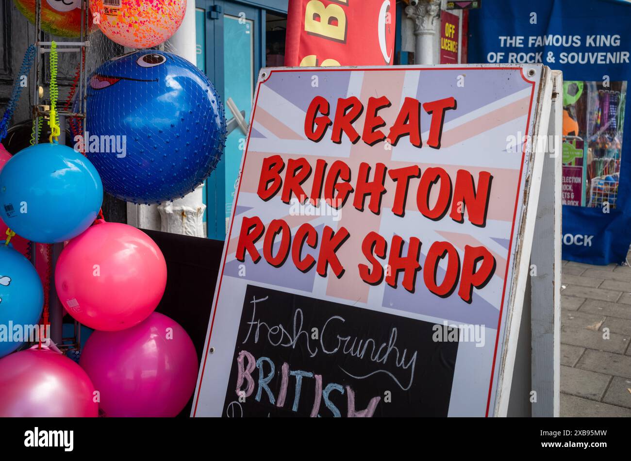 A sign for the Great Brighton Rock Shop and other tourist souvenir ...