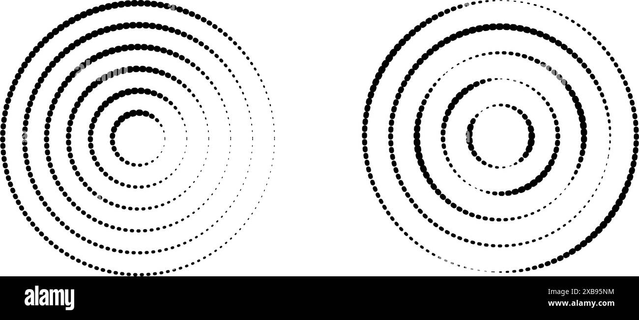 Circular ripple icons. Concentric circles with dotted lines isolated on white background. Vortex ...