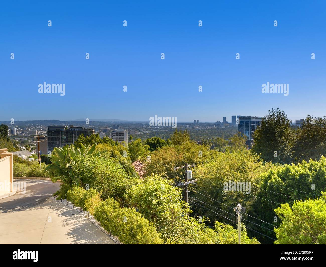 An Aerial view of lush trees and urban landmarks from a balcony ...